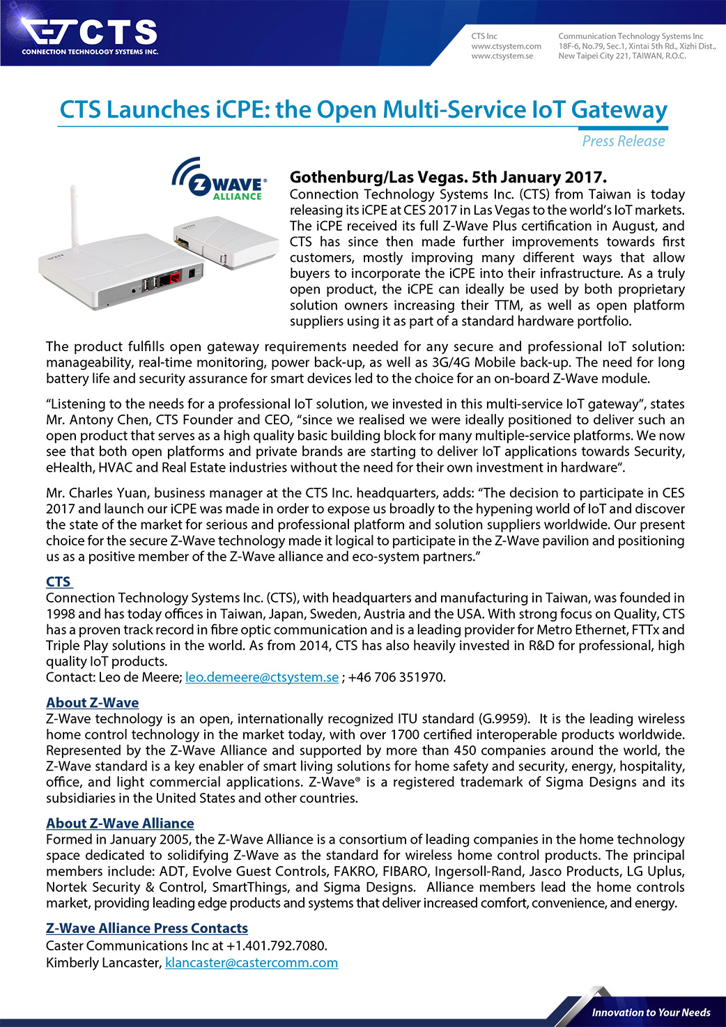 CTS Launches iCPE: the Open Multi-Service IoT Gateway - Connection Technology Systems INC.